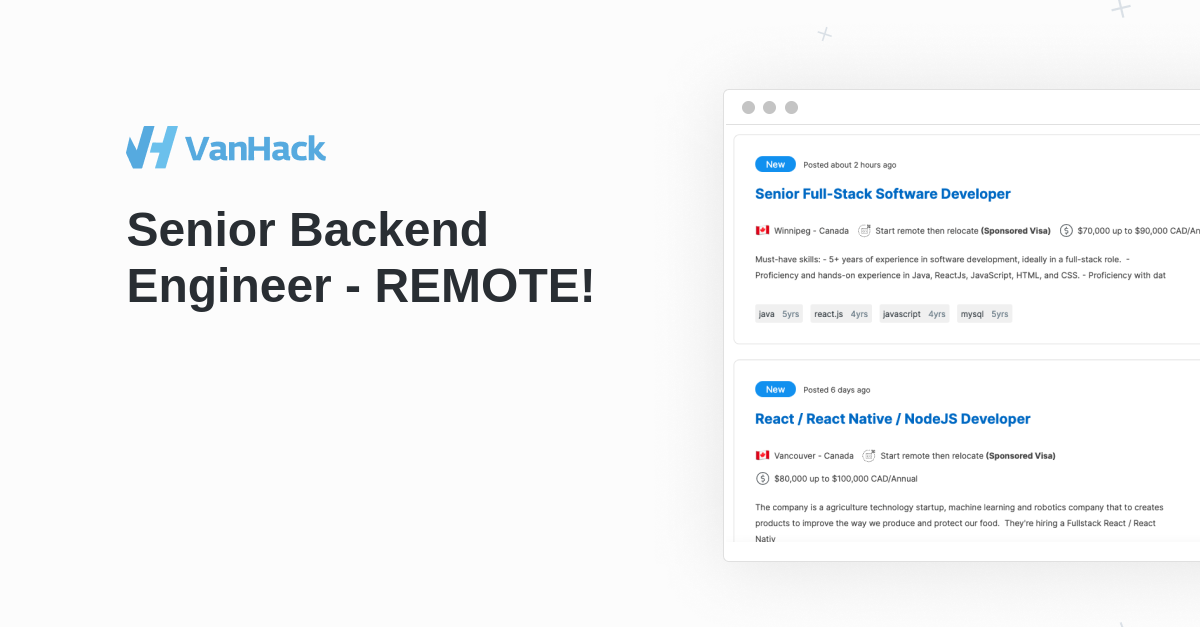 Senior Backend Engineer - REMOTE! - VanHack